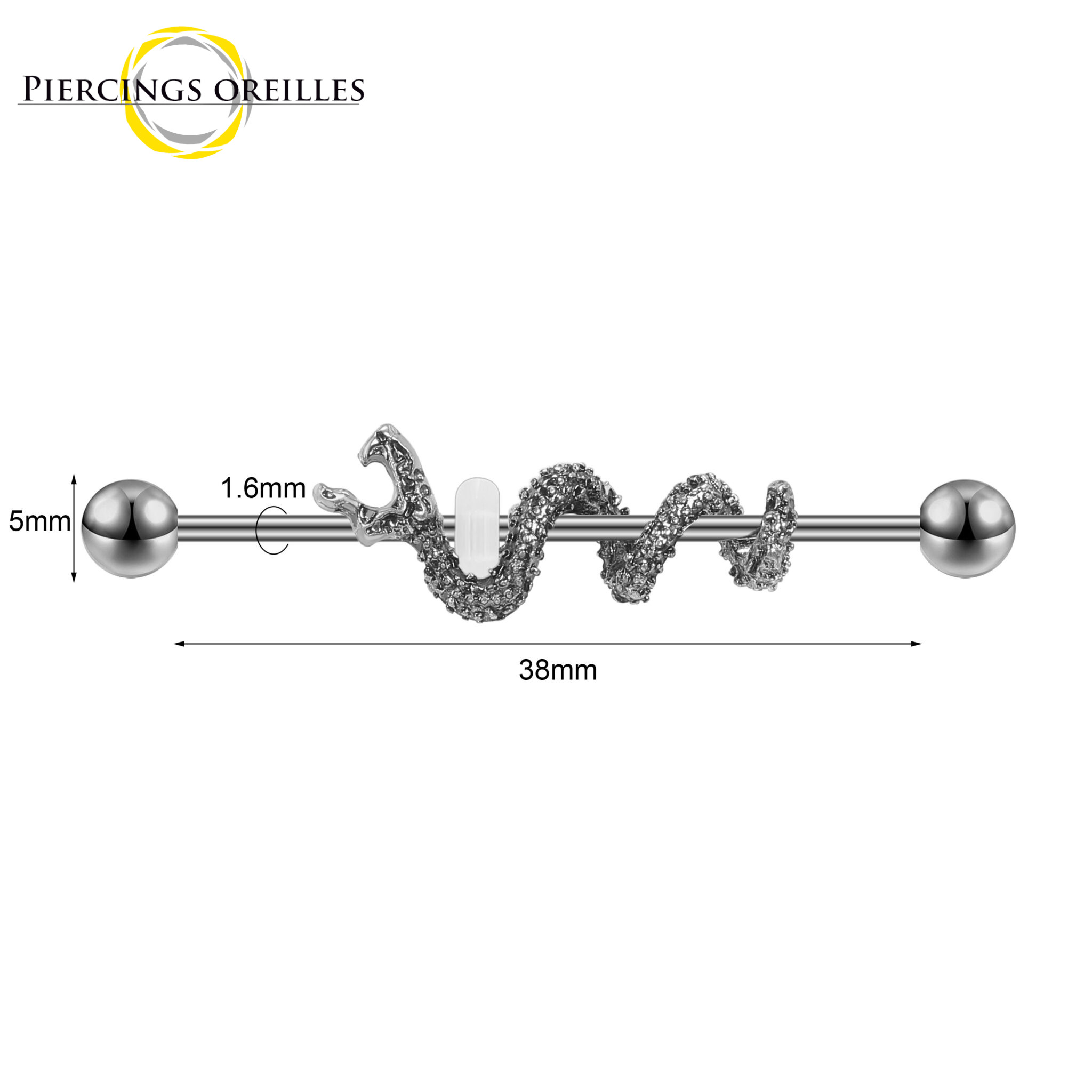 Piercing industriel serpent en acier inoxydable ⋆ Piercings-oreilles.fr